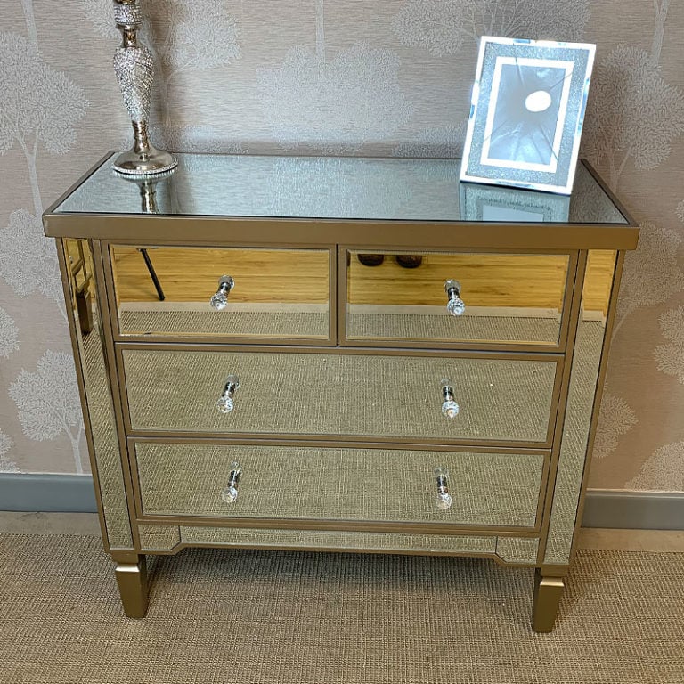 Georgia Champagne Luxe Mirrored 4 Drawer Bedroom Chest Of Drawers ...