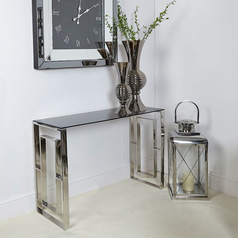 Plaza Contemporary Stainless Steel Smoked Glass Console Display Table ...