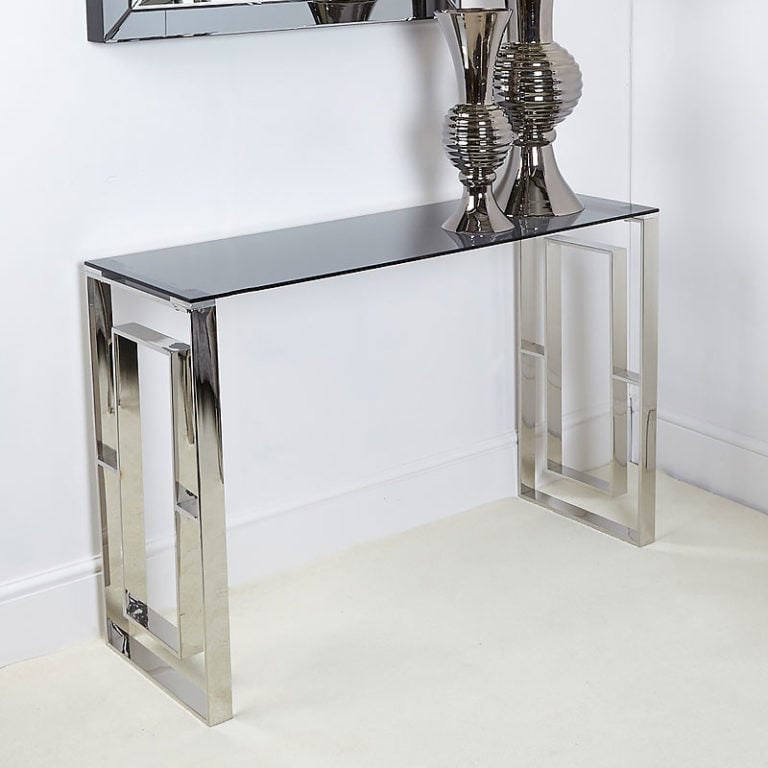 Plaza Contemporary Stainless Steel Smoked Glass Console Display Table ...