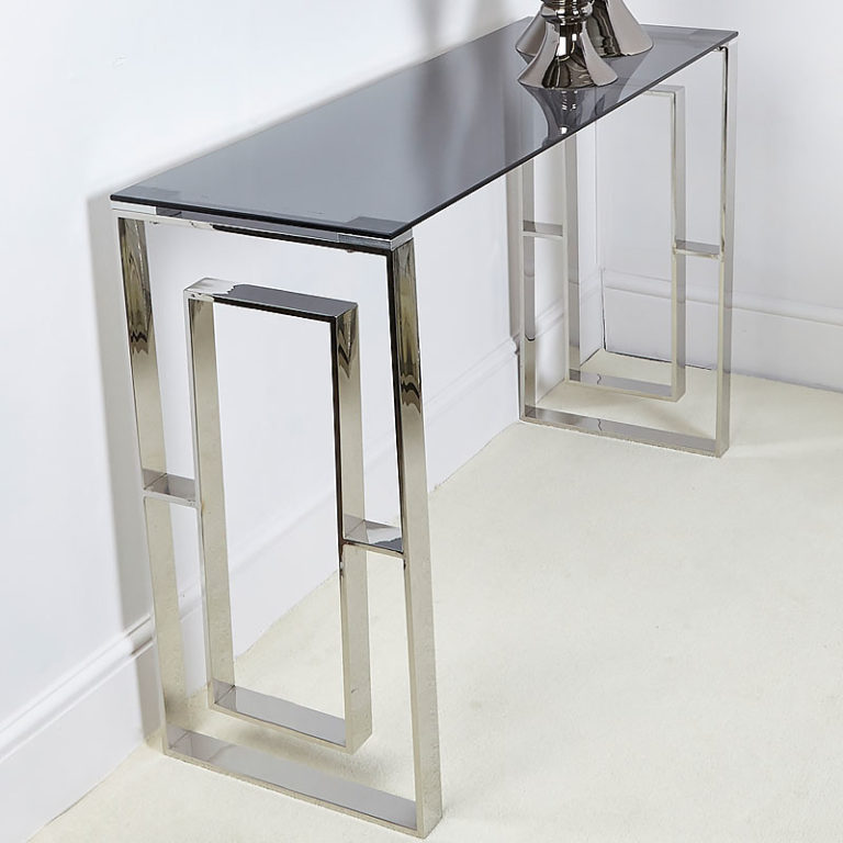 Plaza Contemporary Stainless Steel Smoked Glass Console Display Table ...