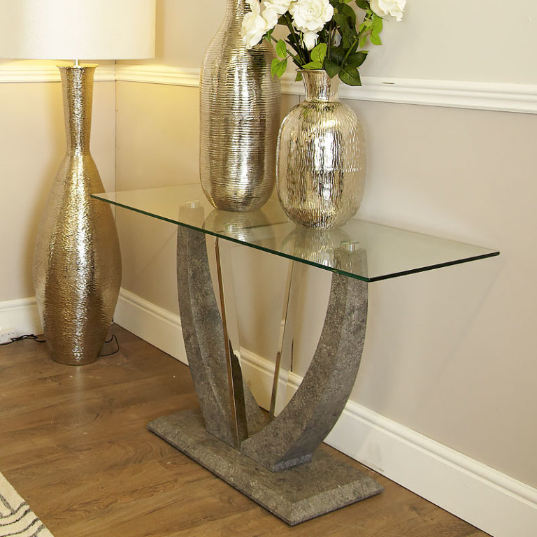 Caspian Toughened Glass Chrome and Stone Effect V Shaped Console Table ...