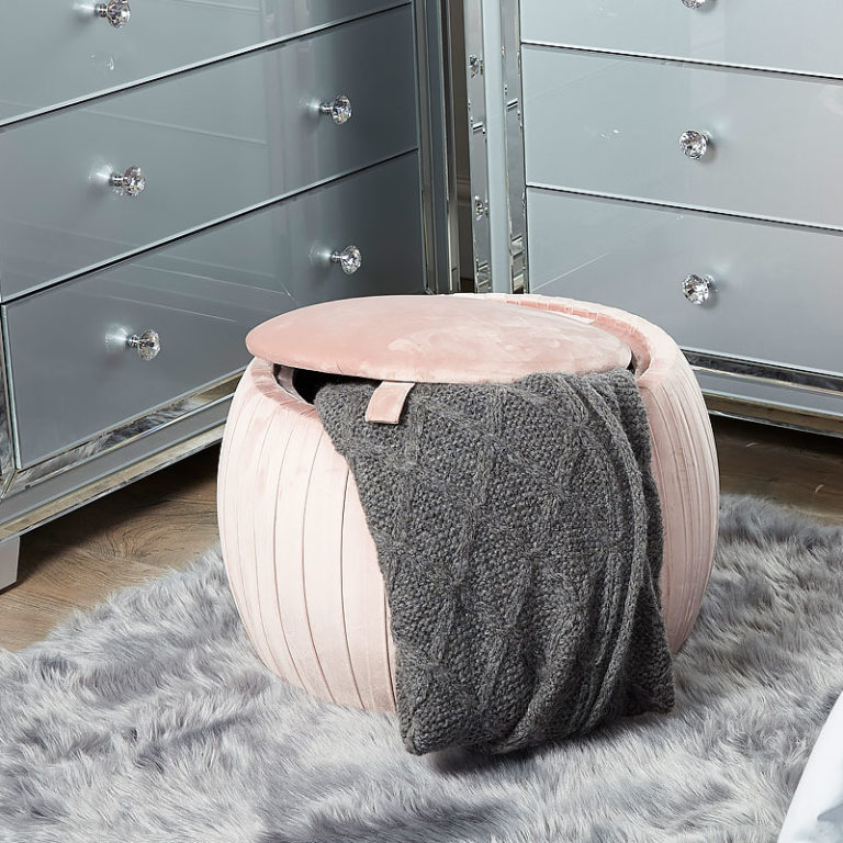 Large Blush Pink Round Velvet Storage Stool In Plush Fabric | Picture ...