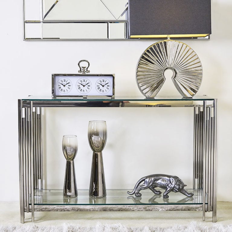 Colton Contemporary Stainless Steel And Glass Dressing Console Table ...