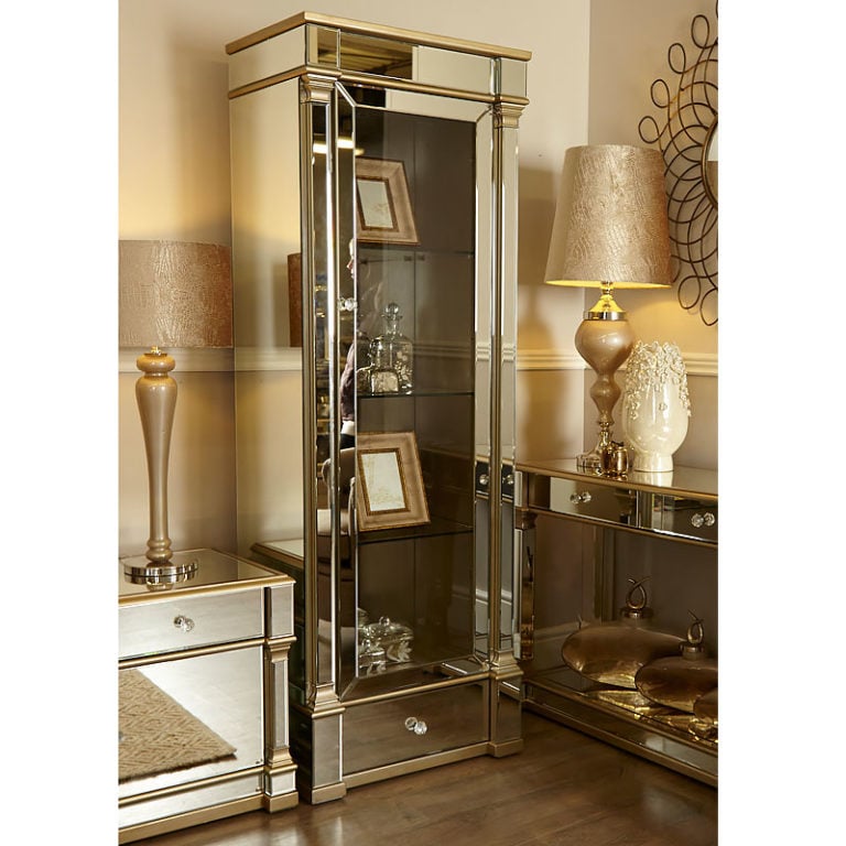 Athens Gold Mirrored Right Door 1 Drawer 4 Shelf Display Cabinet Chest ...