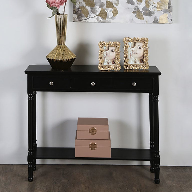 Arabella Black Wood Medium 3 Drawer Console Table Hallway Table ...