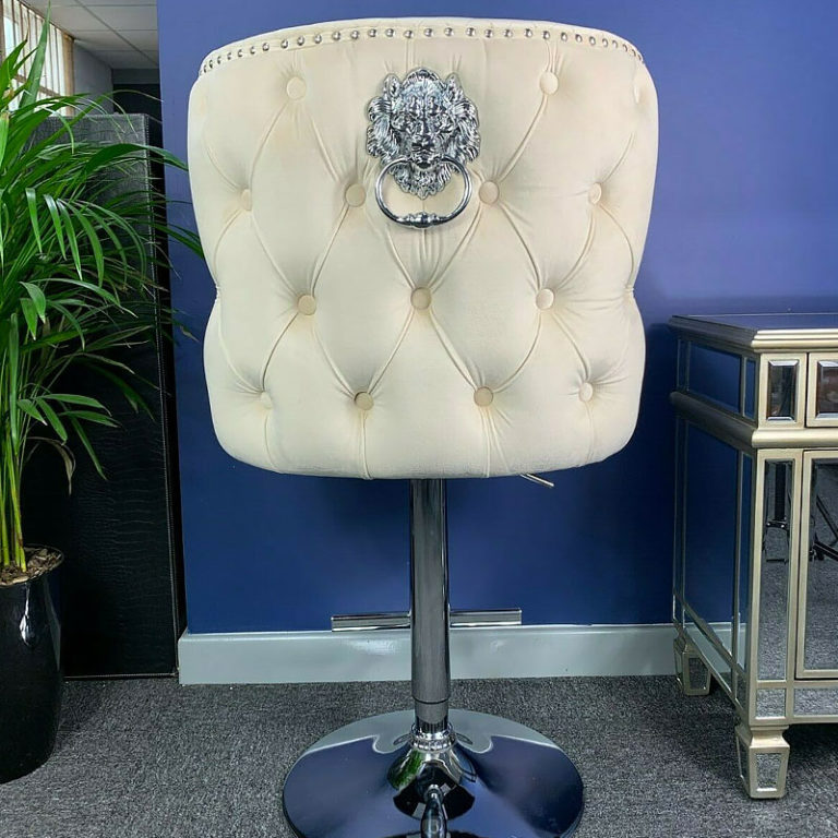 Diana Cream Mink Upholstered Bar Stool Chrome Lion Knocker Tufted Back ...
