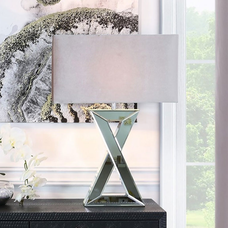 X Shape Mirrored Table Lamp With Rectangle Grey Velvet Shade 72cm ...