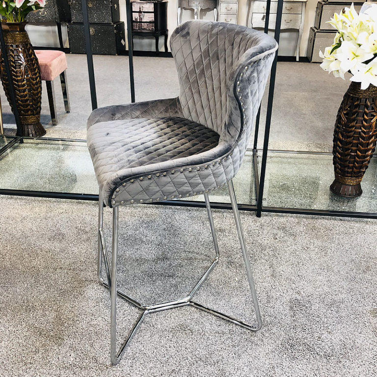 Aubrey Grey Velvet Bar Stool With Studded Detail And Chrome Legs ...