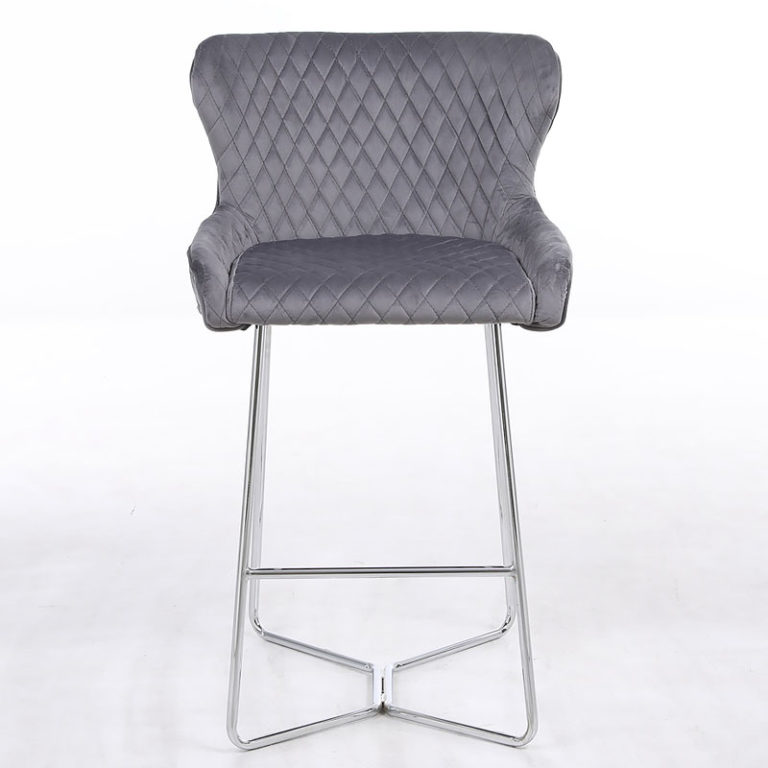 Aubrey Grey Velvet Bar Stool With Studded Detail And Chrome Legs ...