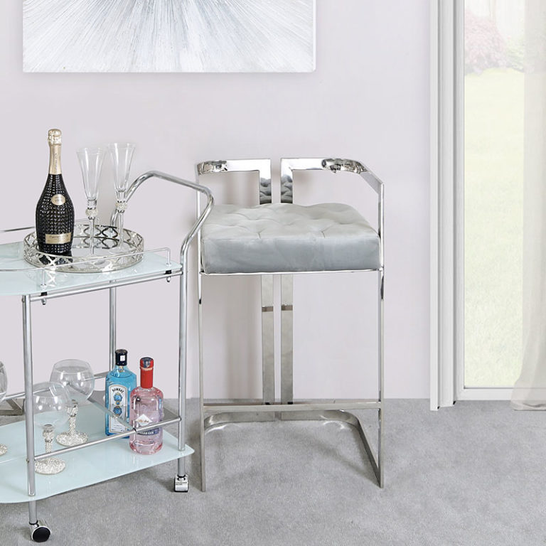 Aubrey Grey Velvet Bar Stool With Studded Detail And Chrome Legs ...