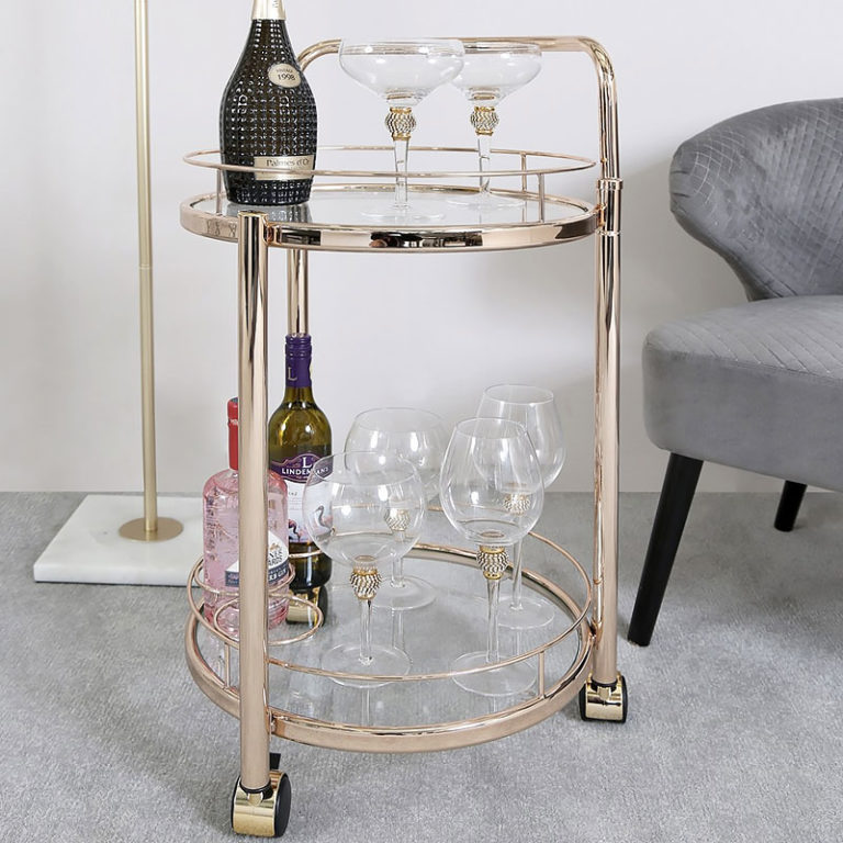 Bailey Rose Gold Metal and Clear Glass Drinks Trolley | Picture Perfect ...