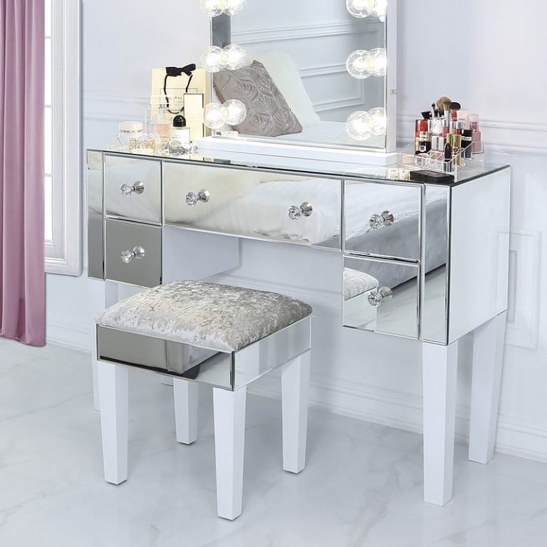 Victoria Mirrored 5 Drawer Dressing Table With White Gloss Legs ...
