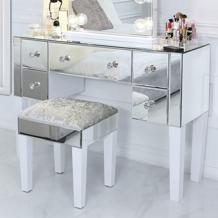 Victoria Mirrored 5 Drawer Dressing Table With White Gloss Legs | Picture Perfect Home