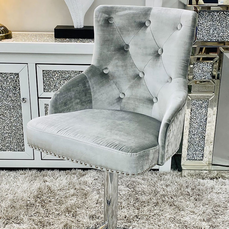 Camilla HQ Silver Velvet And Chrome Bar Stool With Lion Ring Knocker ...