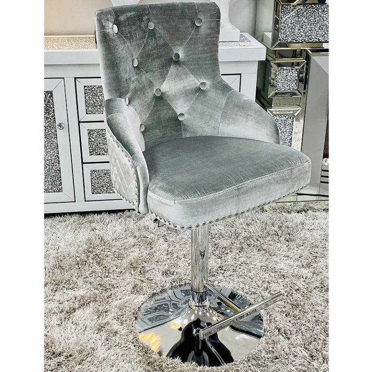 Camilla HQ Silver Velvet And Chrome Bar Stool With Lion Ring Knocker ...
