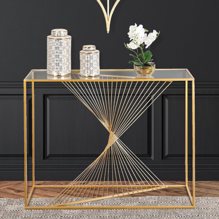 Ava Gold Metal And Clear Glass Console Table With Unique Design ...