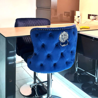 Diana Navy Blue Velvet And Chrome Tufted Bar Stool With Lion Knocker ...