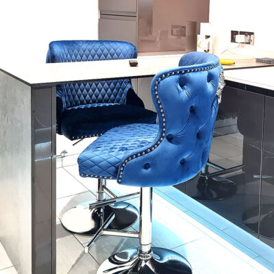 Diana Navy Blue Velvet And Chrome Tufted Bar Stool With Lion Knocker ...