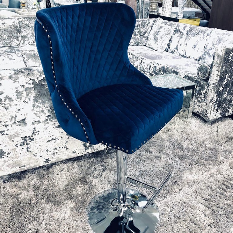Diana Navy Blue Velvet And Chrome Tufted Bar Stool With Lion Knocker ...