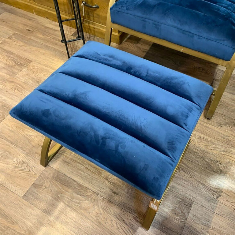 Luxury Navy Blue and Brass Footstool Upholstered Ribbed Velvet Stool ...