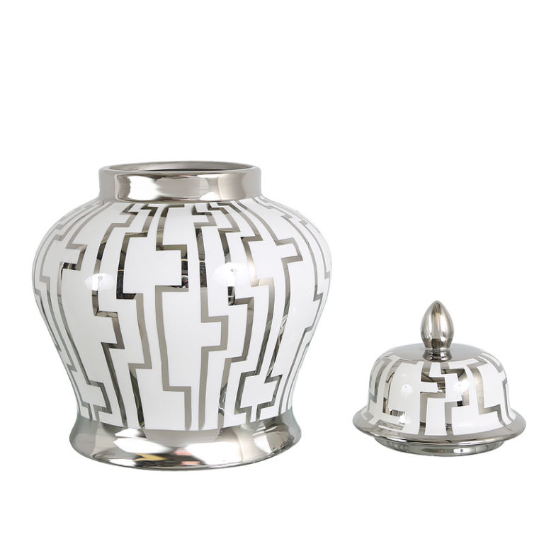 Large Silver Chrome Effect Ceramic Ginger Jar Vase Home Decoration ...