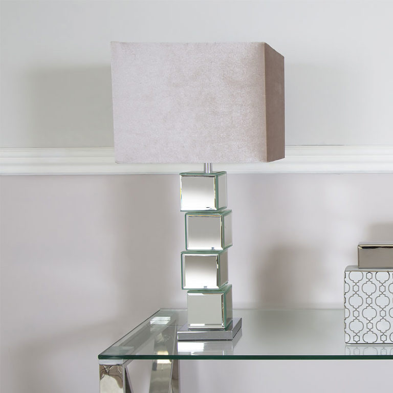 Mirrored Cube Design Table Lamp with Champagne Velvet Shade | Picture ...