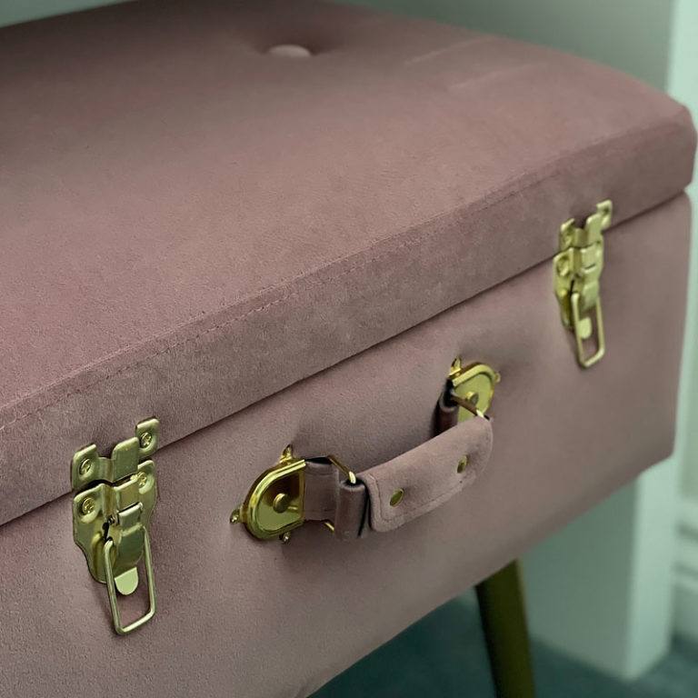 Pink Velvet Suitcase Storage Stool With Gold Legs And Gold Latches ...