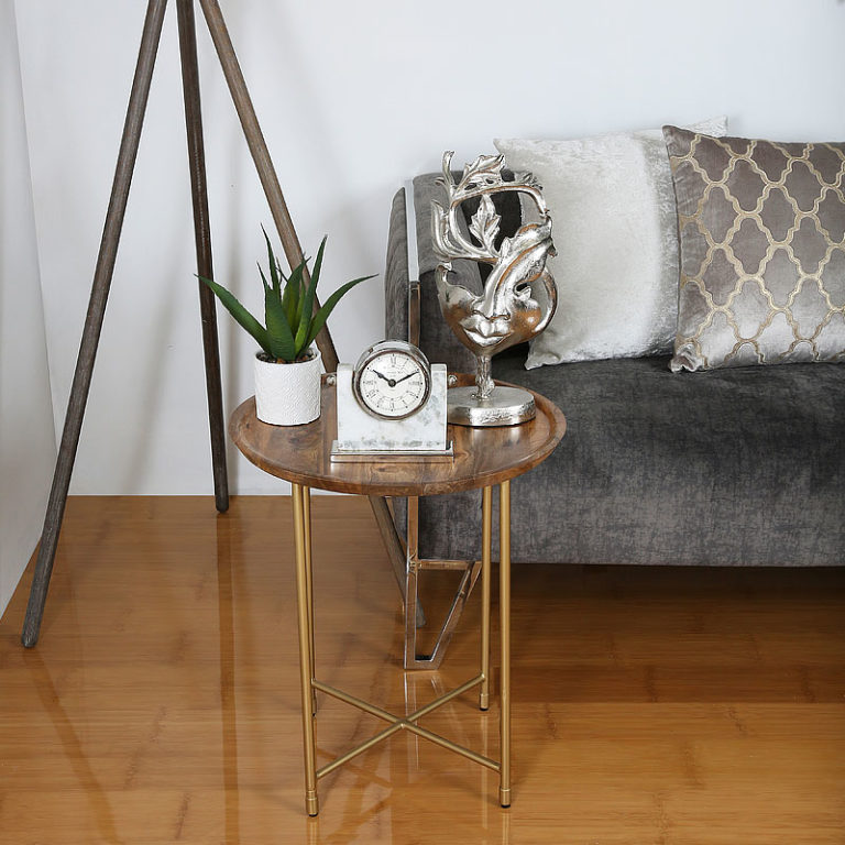Round Natural Wood End Side Table With Gold Metal Legs | Picture ...