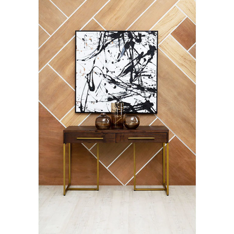 Acacia Wood And Brass Console Table With Engraved Herringbone Pattern ...
