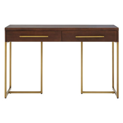 Acacia Wood And Brass Console Table With Engraved Herringbone Pattern ...