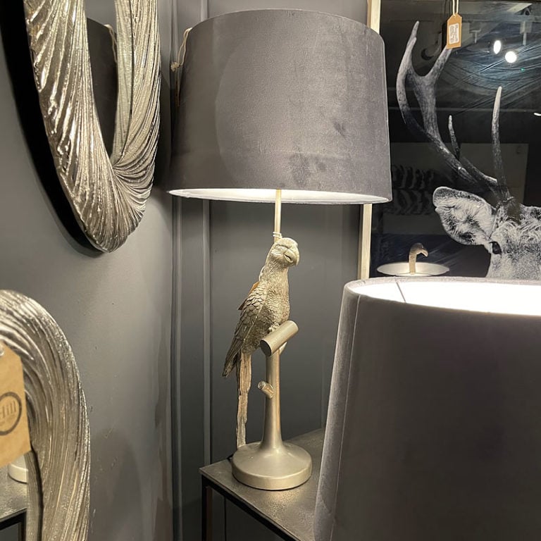 Antique Silver Parrot Table Lamp with Grey Velvet Shade | Picture ...