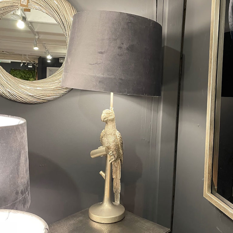 Antique Silver Parrot Table Lamp with Grey Velvet Shade | Picture ...