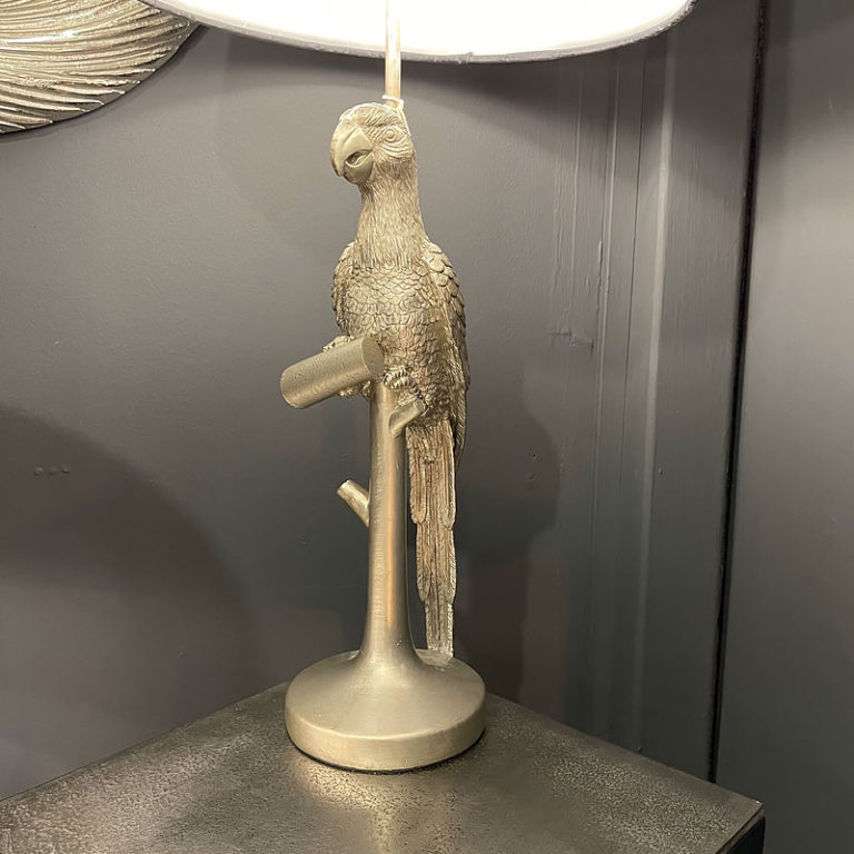 Antique Silver Parrot Table Lamp with Grey Velvet Shade | Picture ...