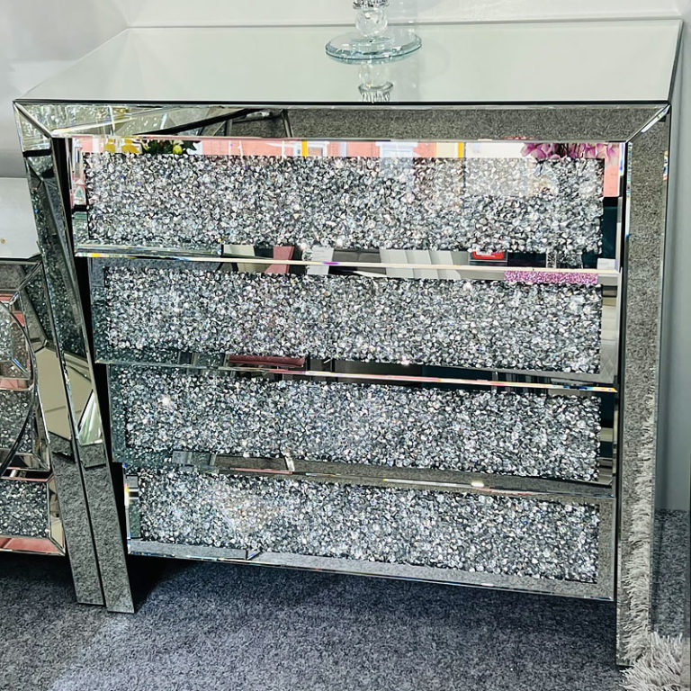 Diamond Crush Mirrored Angled 4 Drawer Chest Of Drawers Cabinet ...