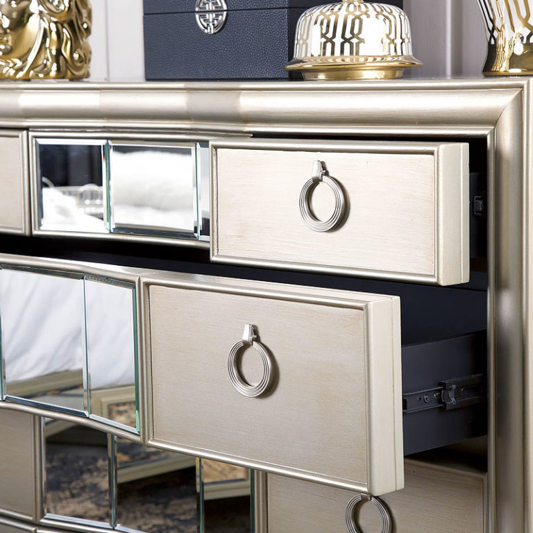 Christabel Champagne Gold Mirrored 5 Drawer Chest Of Drawers Cabinet ...