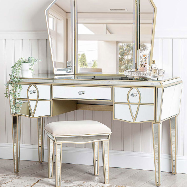 Mallory Champagne Gold Mirrored 3 Drawer Dressing Table | Picture ...