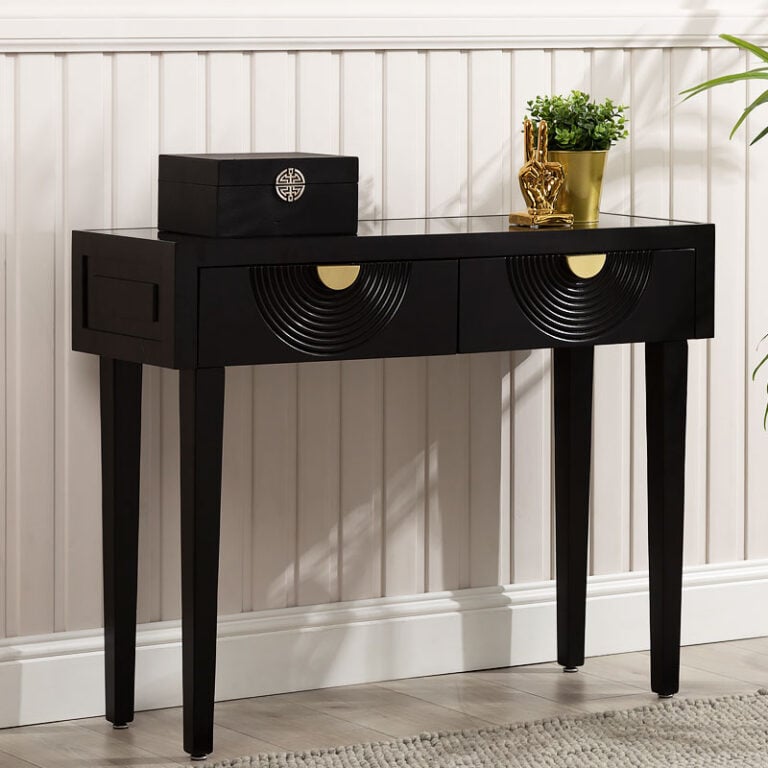 Gabriella 2 Drawer Black Wood Console Table With Clear Mirror Top ...