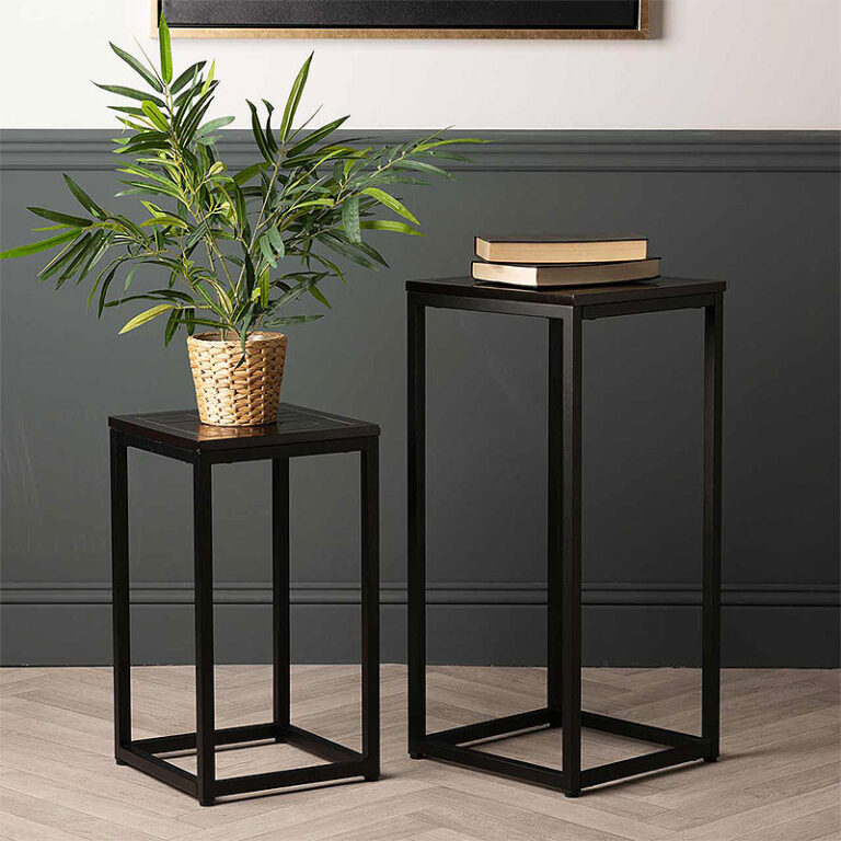 Hermione Set Of 2 Black Wood And Black Metal Plant Stands Side Tables ...