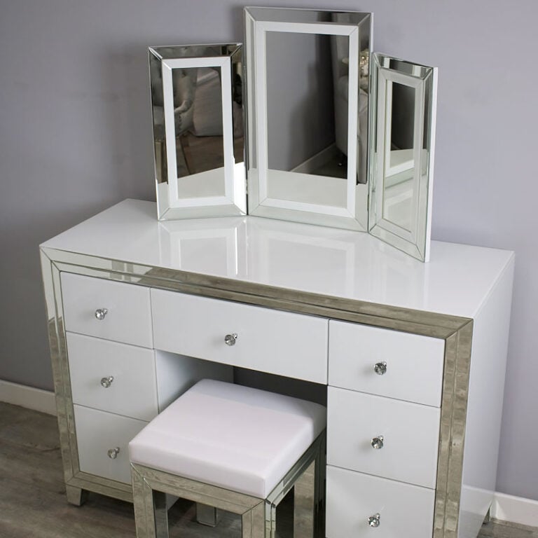 White Mirrored Bedroom Set Of 7 Drawer Dressing Table Stool And Mirror | Picture Perfect Home