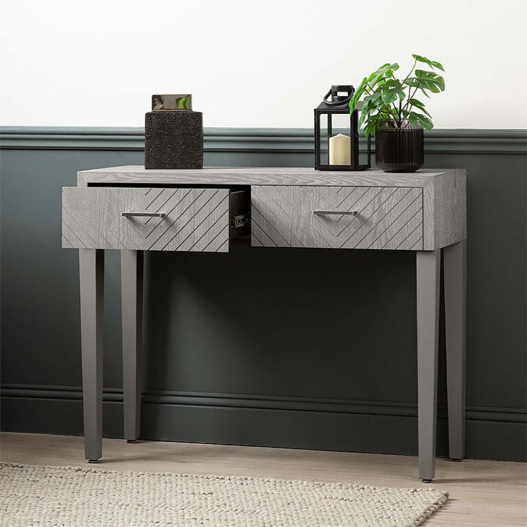 Philippa Chevron Pattern Grey Elm Wood 2 Drawer Console Hallway Table ...