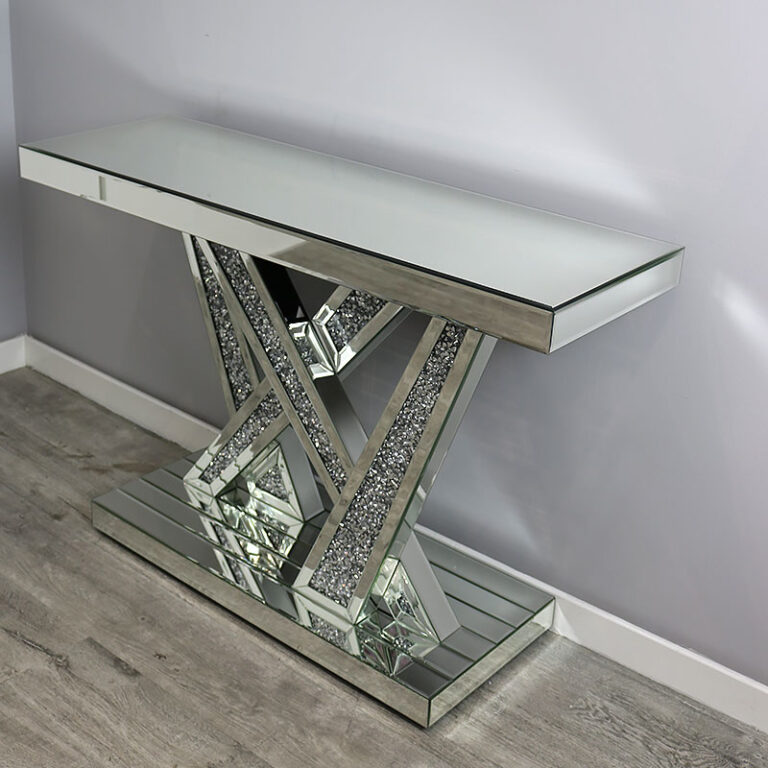 Large Mirrored Glass Lightning Bolt Diamond Crush Console Table ...