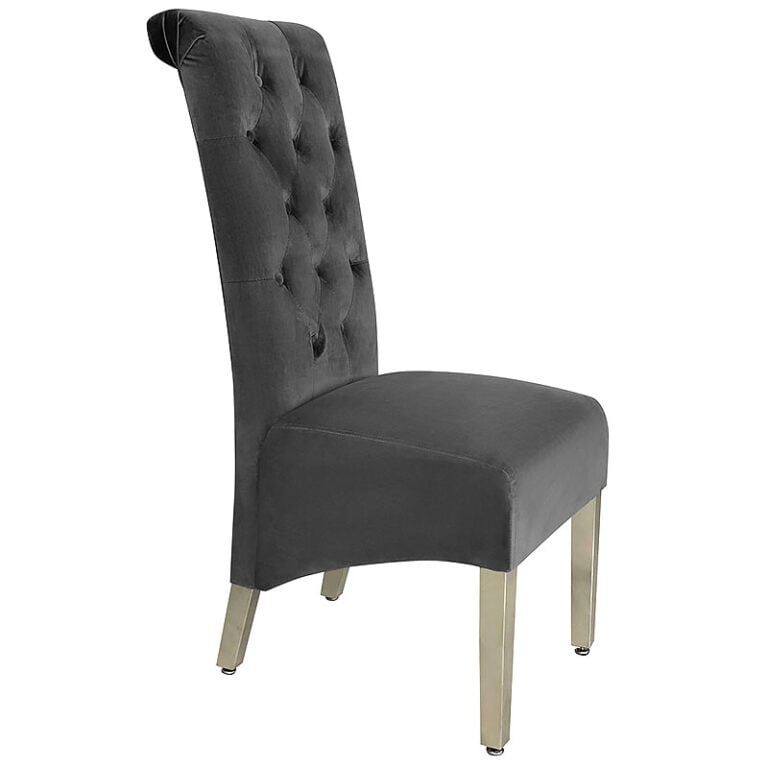Set Of 2 Anne High Back Dark Grey Velvet And Chrome Dining Chairs With ...