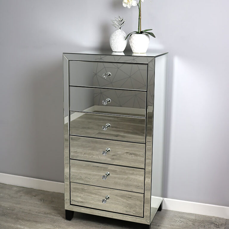 Classic Mirror 6 Drawer Mirrored Glass Tallboy Chest Of Drawers ...