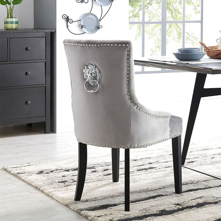 Set Of 2 Isabella Grey Velvet And Black Wood Dining Chairs With Lion ...