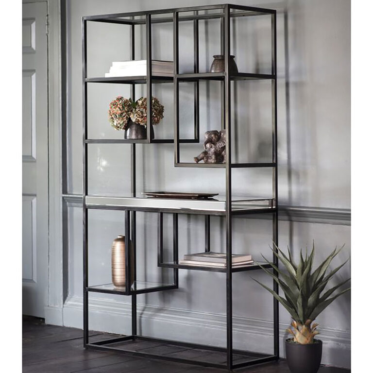 Knightsbridge Mirrored Glass And Black Metal Shelving Display Unit ...