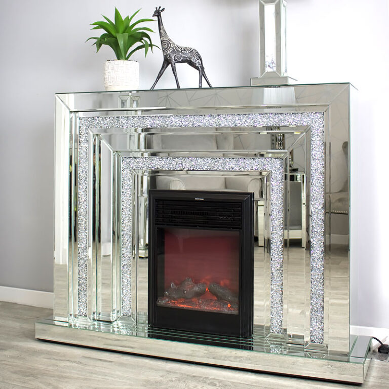 Large Diamond Crush Mirrored Glass Fireplace Electric Fire Surround ...