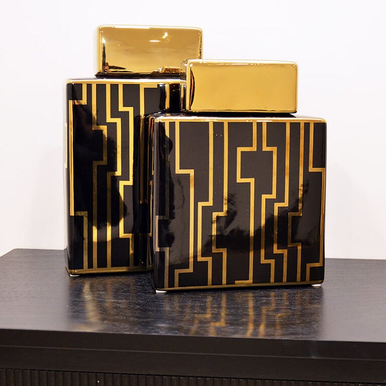 Black And Gold Square Ginger Jar With Lid 21cm | Picture Perfect Home