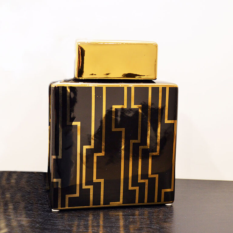 Black And Gold Square Ginger Jar With Lid 21cm | Picture Perfect Home