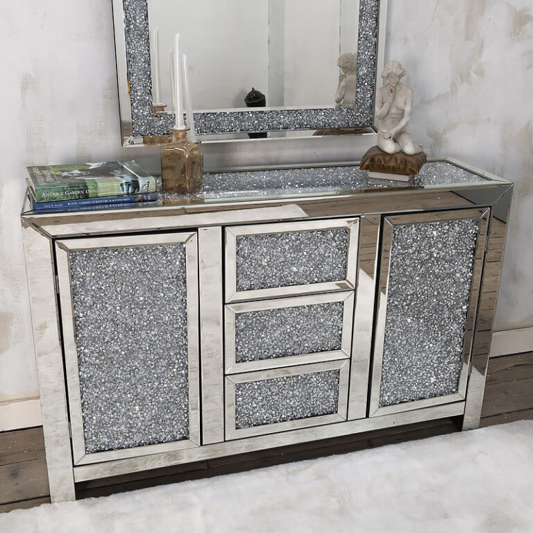 Diamond Crush Large 3 Drawer 2 Door Mirrored Glass Sideboard 130cm ...