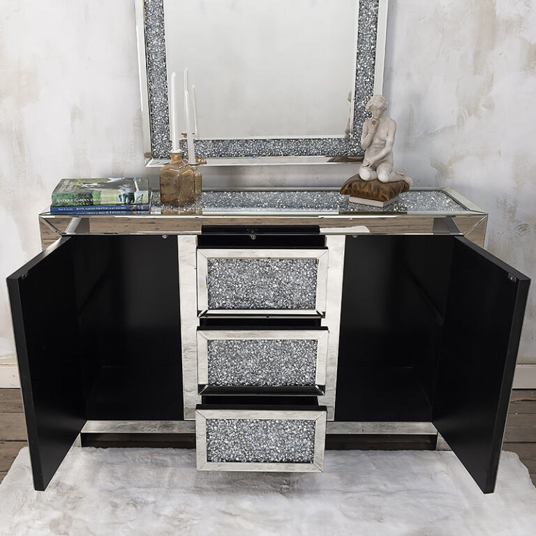 Diamond Crush Large 3 Drawer 2 Door Mirrored Glass Sideboard 130cm ...